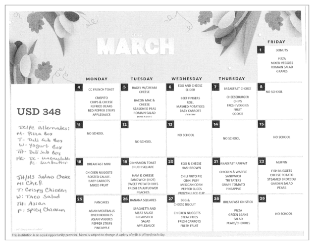 Monthly Menus & Sack Lunches | USD 348